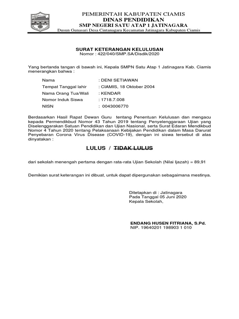 Contoh Surat Kelulusan | PDF