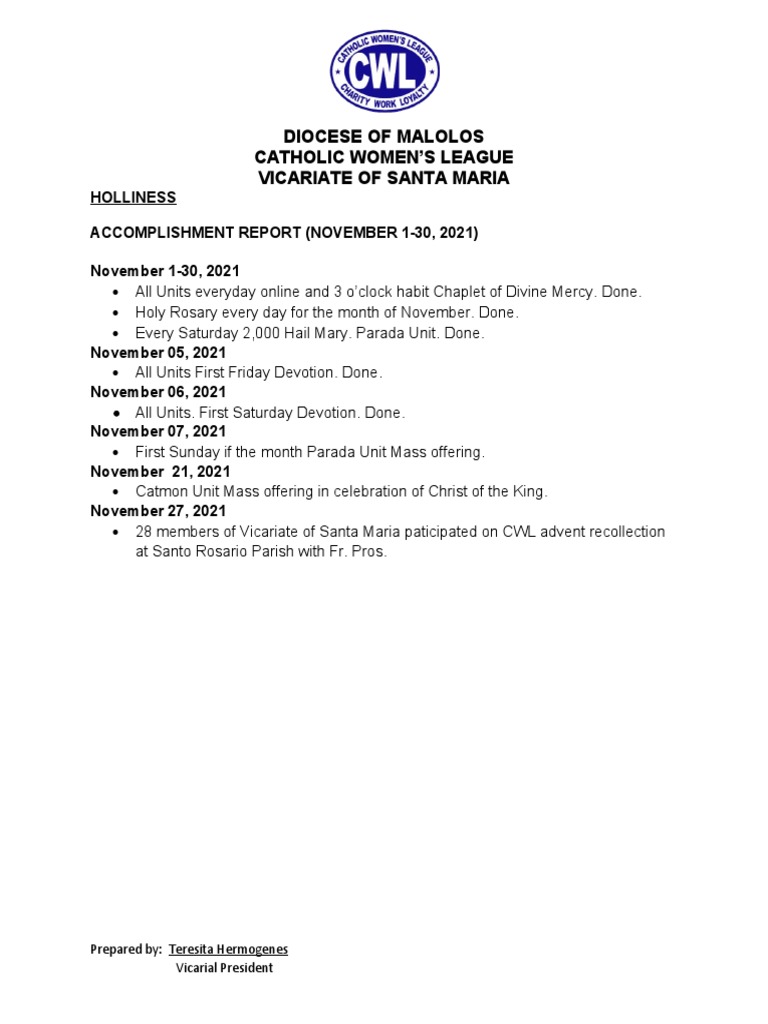 CWL Santa Maria November 2021 Report | PDF | Catholic Church | Worship