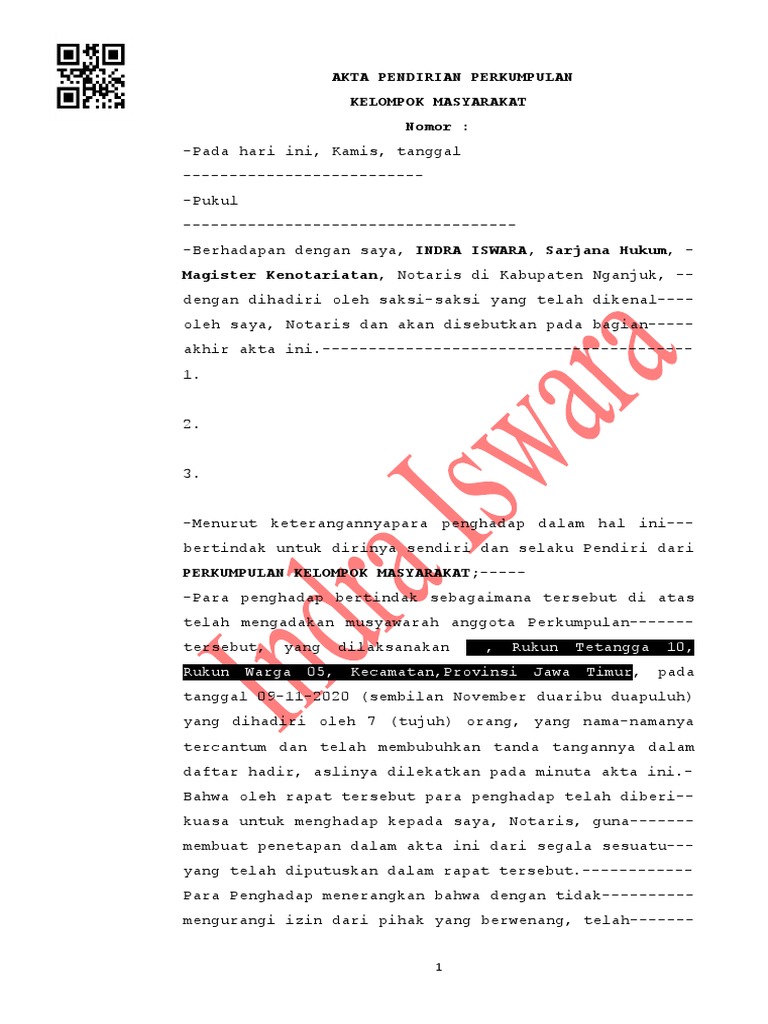 Akta Pendirian Perkumpulan Kelompok Masyarakat Tirto Emas Bungur | PDF