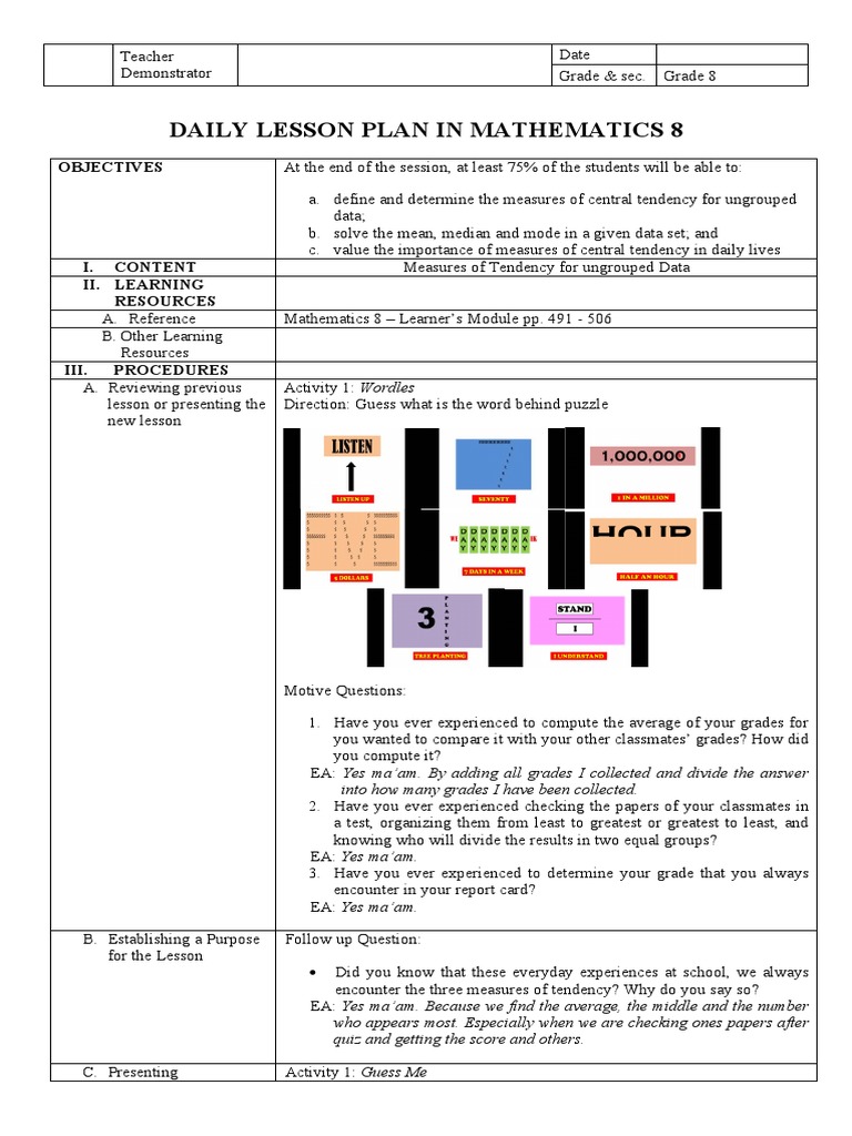 Daily Lesson Plan in Mathematics 8: Objectives | PDF | Mean | Average