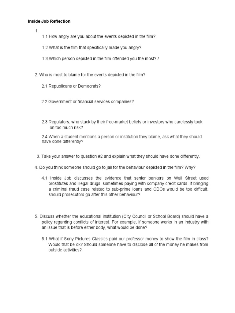 Inside Job Study Guide 1 To 6 | PDF