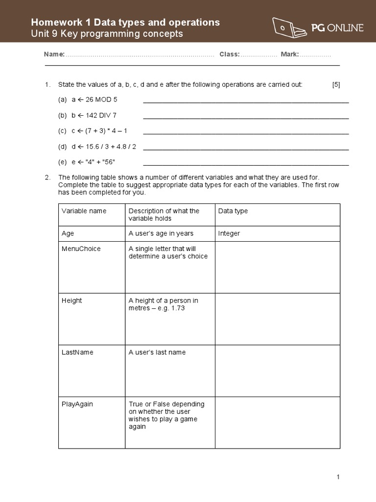 Unit 9 Key Programming Concepts Homework 1 Data Types And Operations Pdf Data Type