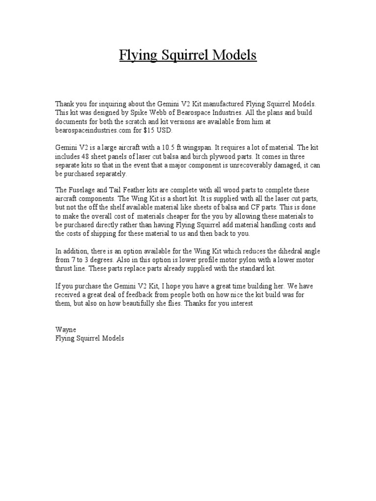 Flying Squirrel Models Gemini v2 Kit Ordering Rev 6 1 | PDF | Spar ...