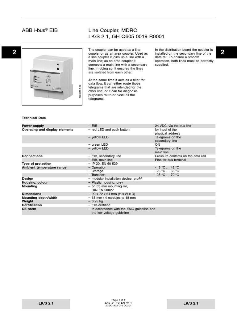 ABB I-Bus EIB Line Coupler, MDRC LK/S 2.1, GH Q605 0019 R0001 | PDF ...