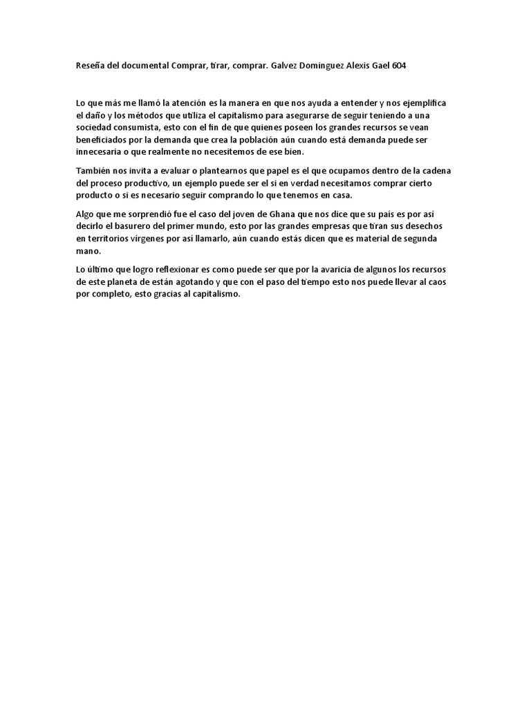 Reseña Del Documental Comprar, Tirar, Comprar | PDF