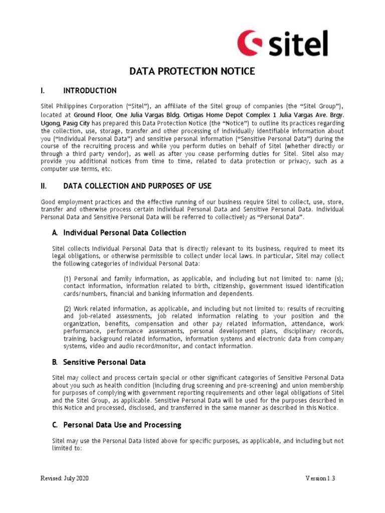 Philippines Sitel Data Protection Notice - Updated | PDF | Information Privacy | Information