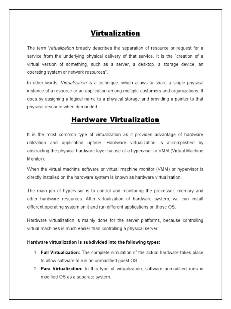 Virtualization: Hardware Virtualization Is Subdivided Into The Following Types | PDF ...