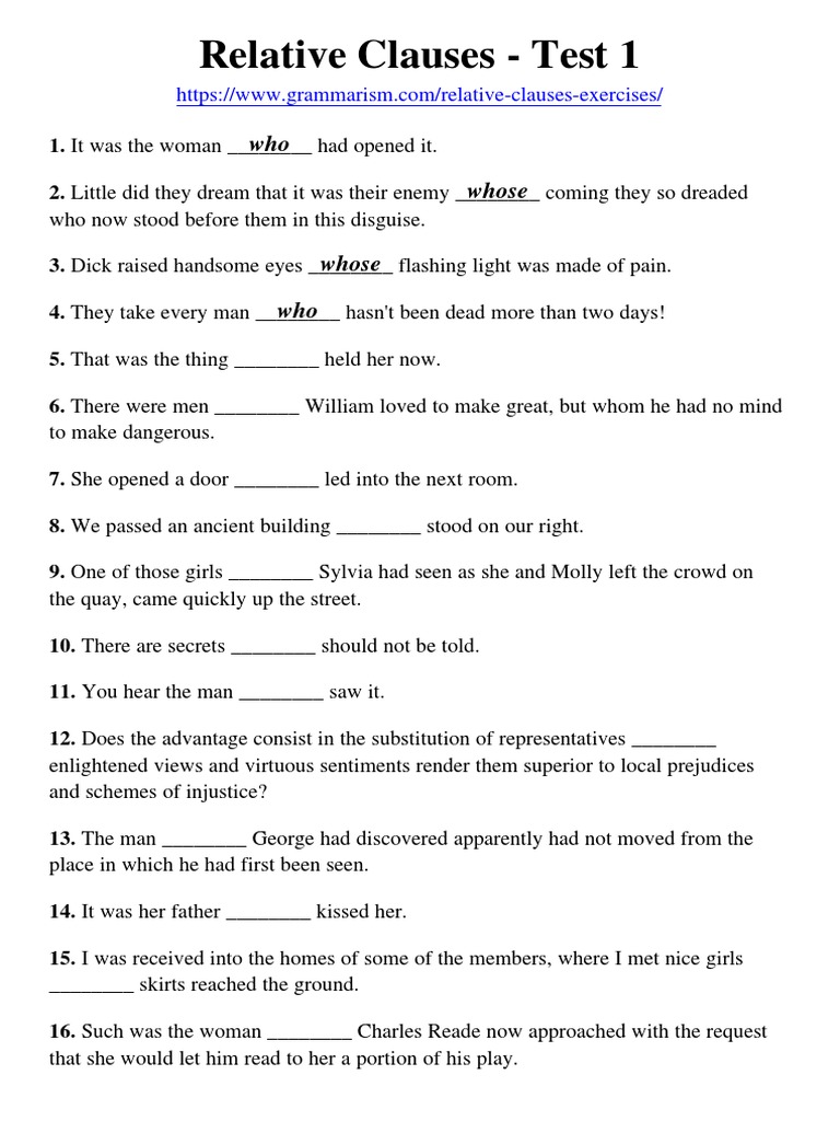 Relative Clauses - Test 1: Who Whose | PDF