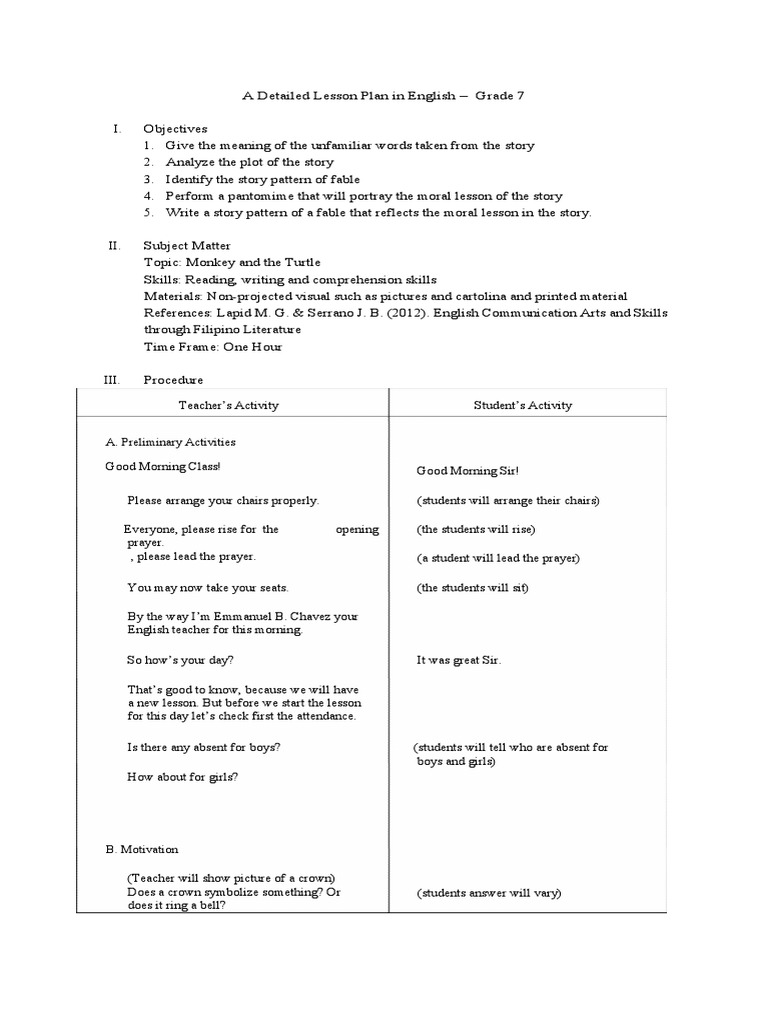 A Detailed Lesson Plan in English - Grade 7 | PDF | Fable | Lesson Plan
