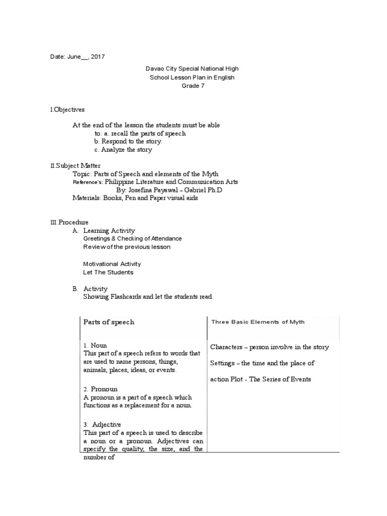 Lesson Plan in English Grade 7 | PDF