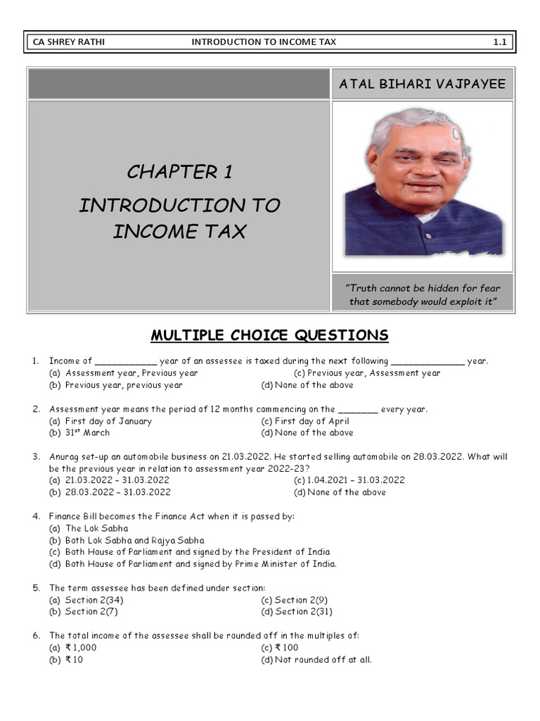 Introduction To Income Tax: Multiple Choice Questions | Download Free ...