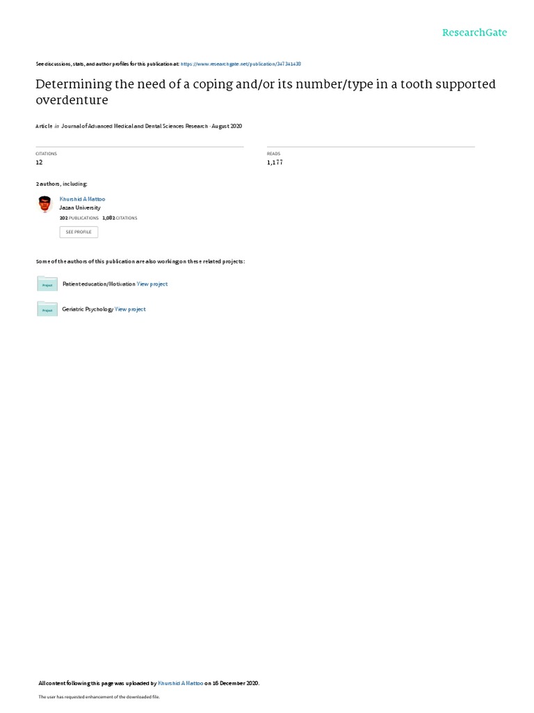 Coping Needs in Tooth Overdentures | PDF | Dental Implant | Health Sciences