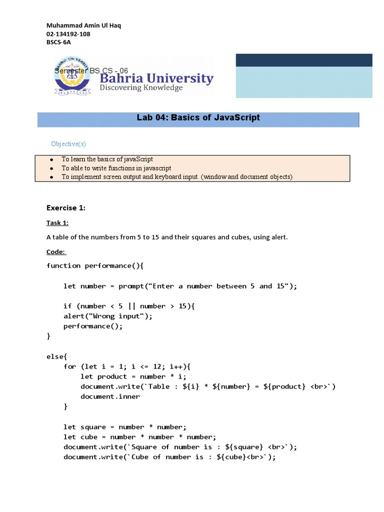 Lab 04: Basics of Javascript: Sel-310 Web Engineering Lab | PDF ...