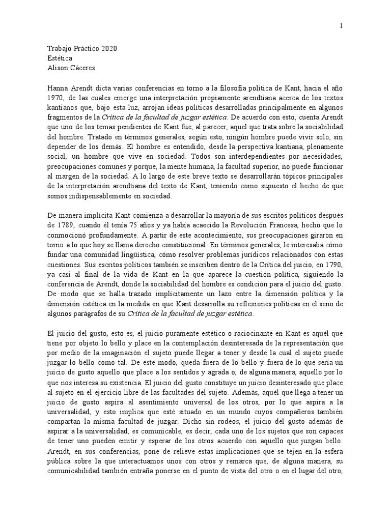 Trabajo Práctico - Alison Cáceres | PDF | Immanuel Kant | Hannah Arendt