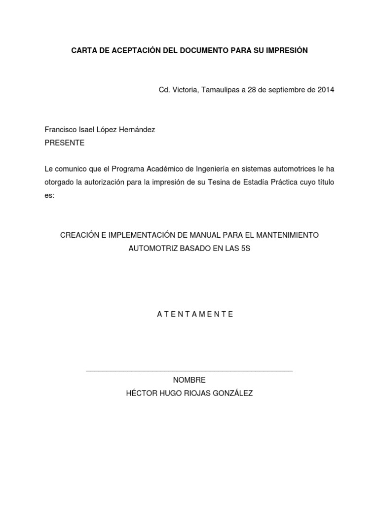 Carta de Aceptación Del Documento para Su Impresión | PDF