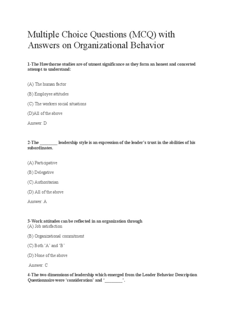 OB Multiple Choice Questions | PDF | Organizational Behavior | Leadership