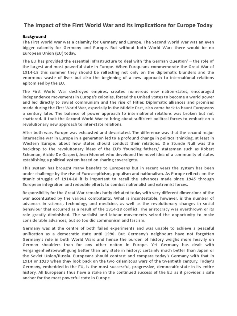 The Impact of The First World War and Its Implications For Europe Today ...