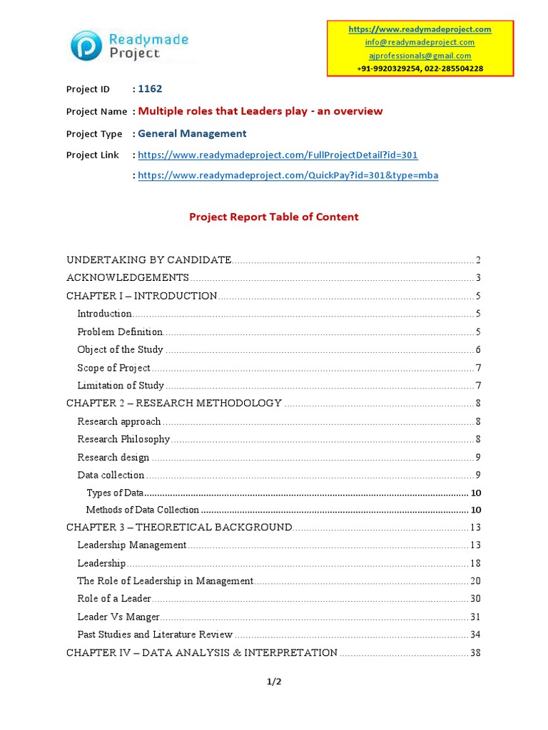 MBA Project TOC | PDF | Scientific Method | Cognition