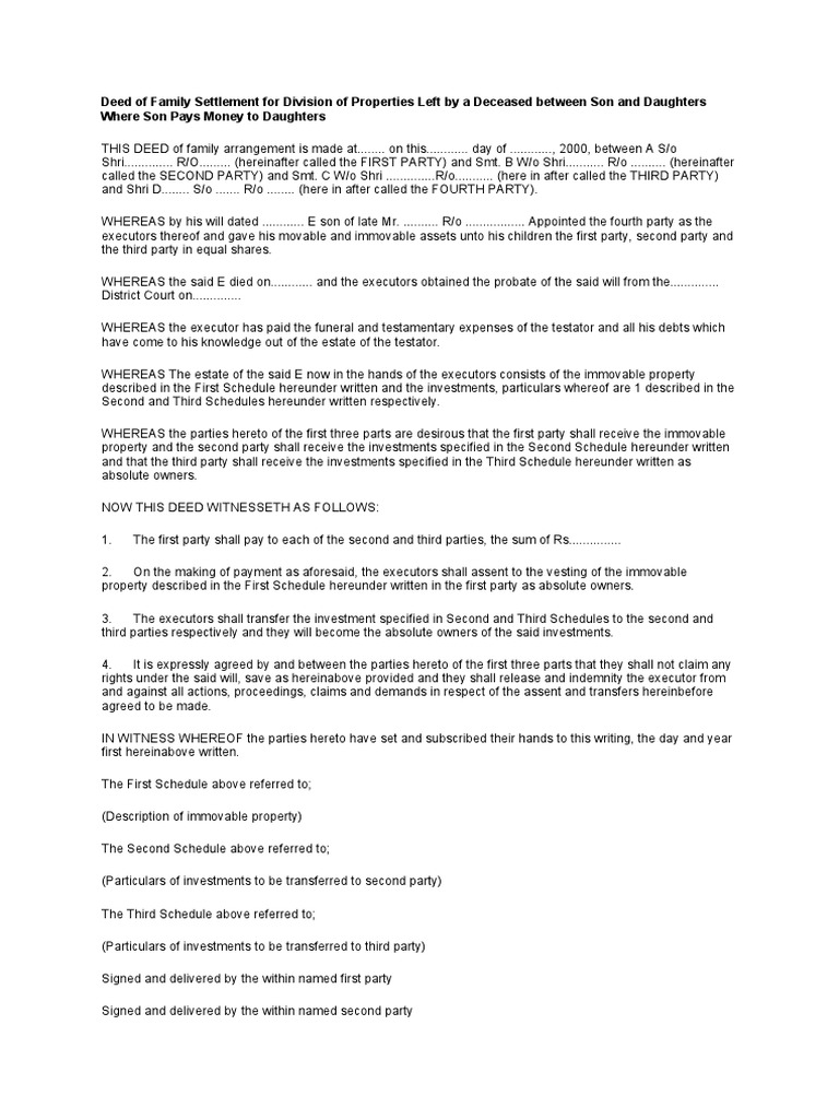 Family Settlement Deed for Heirs | PDF | Probate | Property