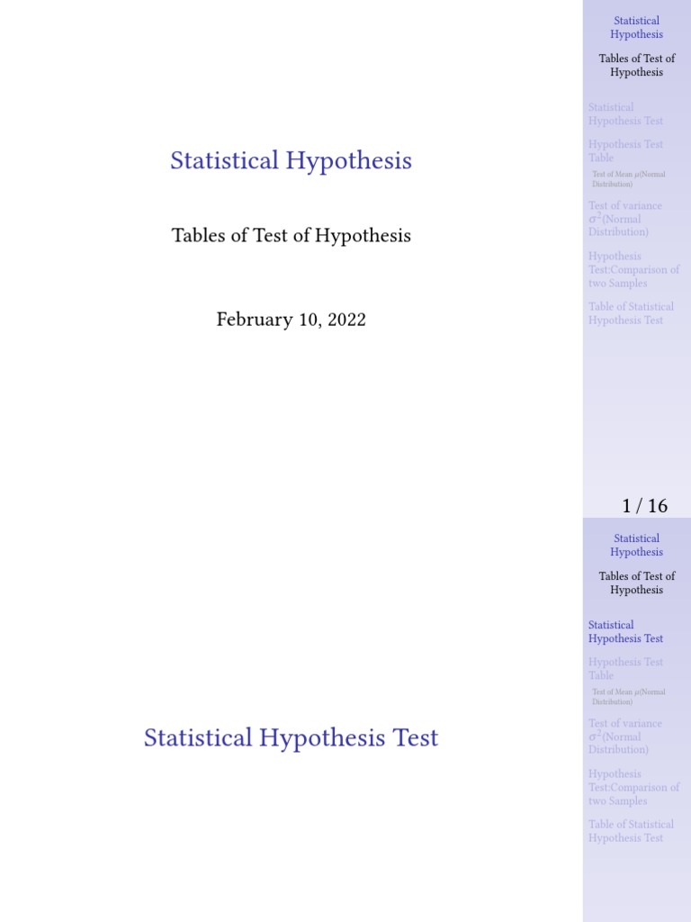 Statistical Hypothesis: Tables of Test of Hypothesis | PDF ...