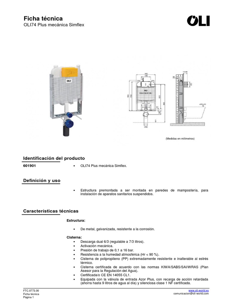 Ficha Técnica 601901 Tanque Empotrado para Inodoro Oli74 Plus Mecanica Sin Estructura Simflex ...
