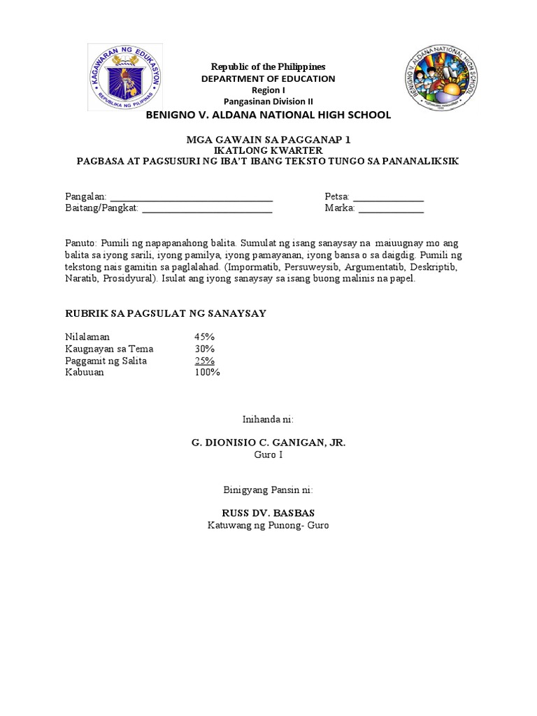 Pagbabasa at Pagsusuri Gawain Sa PAGGANAP 1-6 | PDF Pagbabasa at Pagsusuri Gawain Sa PAGGANAP 1-6 | PDF