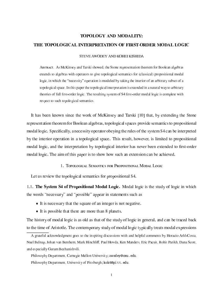 Topology And Modality The Topological Interpretatin Of First Order Modal Logic Stve Awoedey
