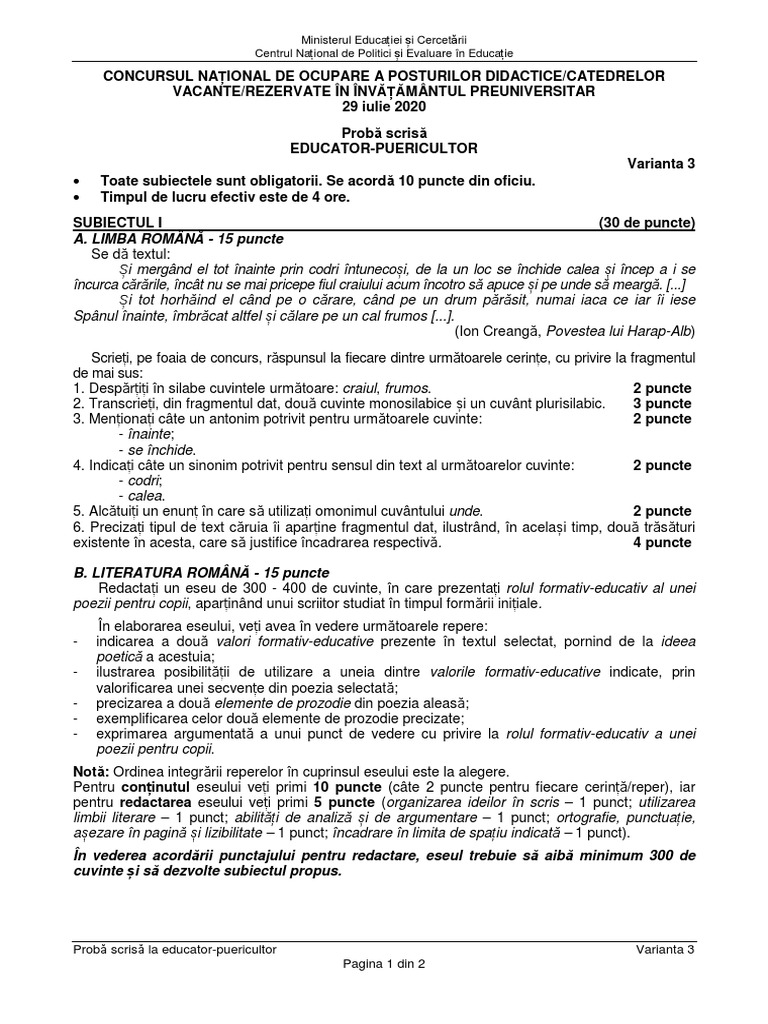 Subiecte Titularizare Educatori | PDF