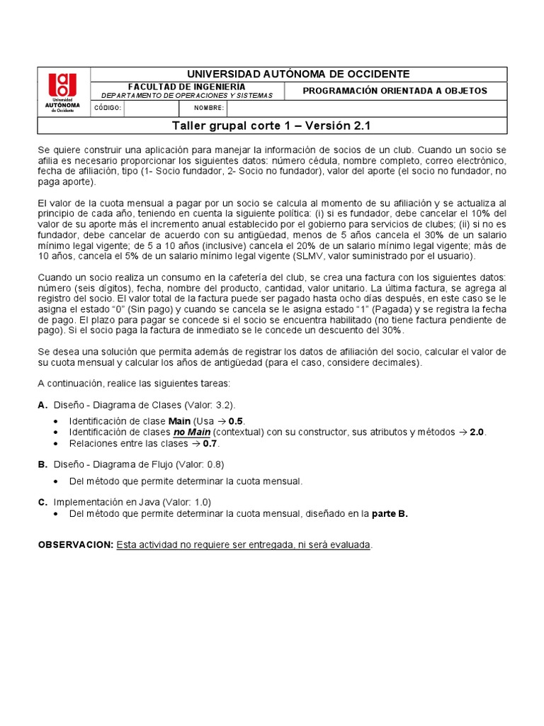 POO Taller Corte1 Grupos Vr2.1 | PDF | Factura | Java (lenguaje de ...