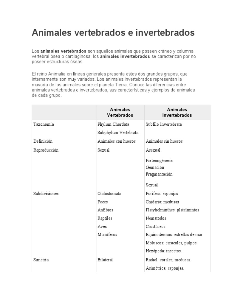 Animales Vertebrados e Invertebrados | PDF | Vertebrados | Invertebrado