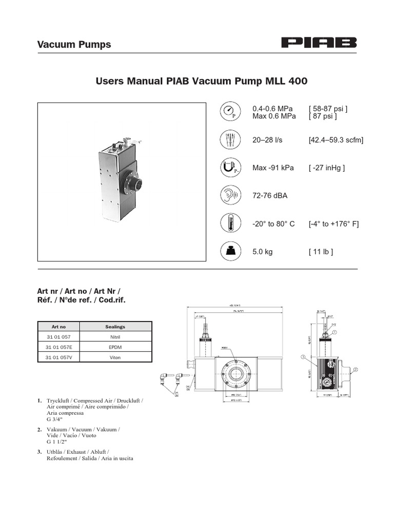 3111141-Manual-Mll400 Vacuum Pump Piab | PDF | Technologie et ingénierie