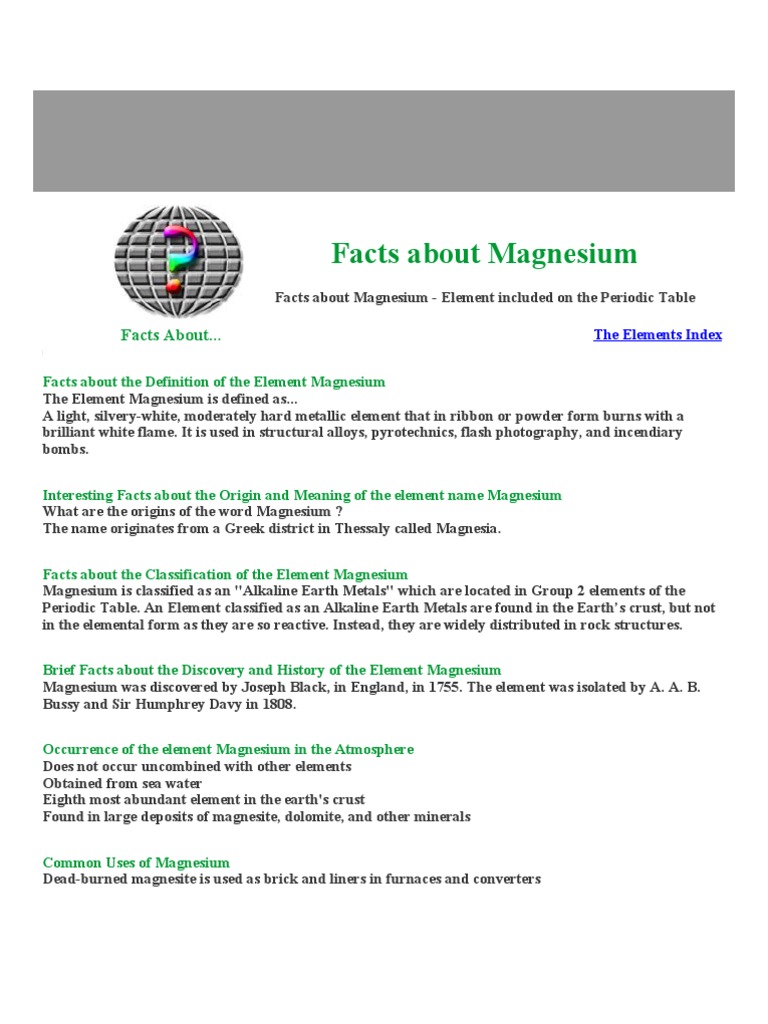 Facts About Magnesium | PDF | Magnesium | Chemical Elements