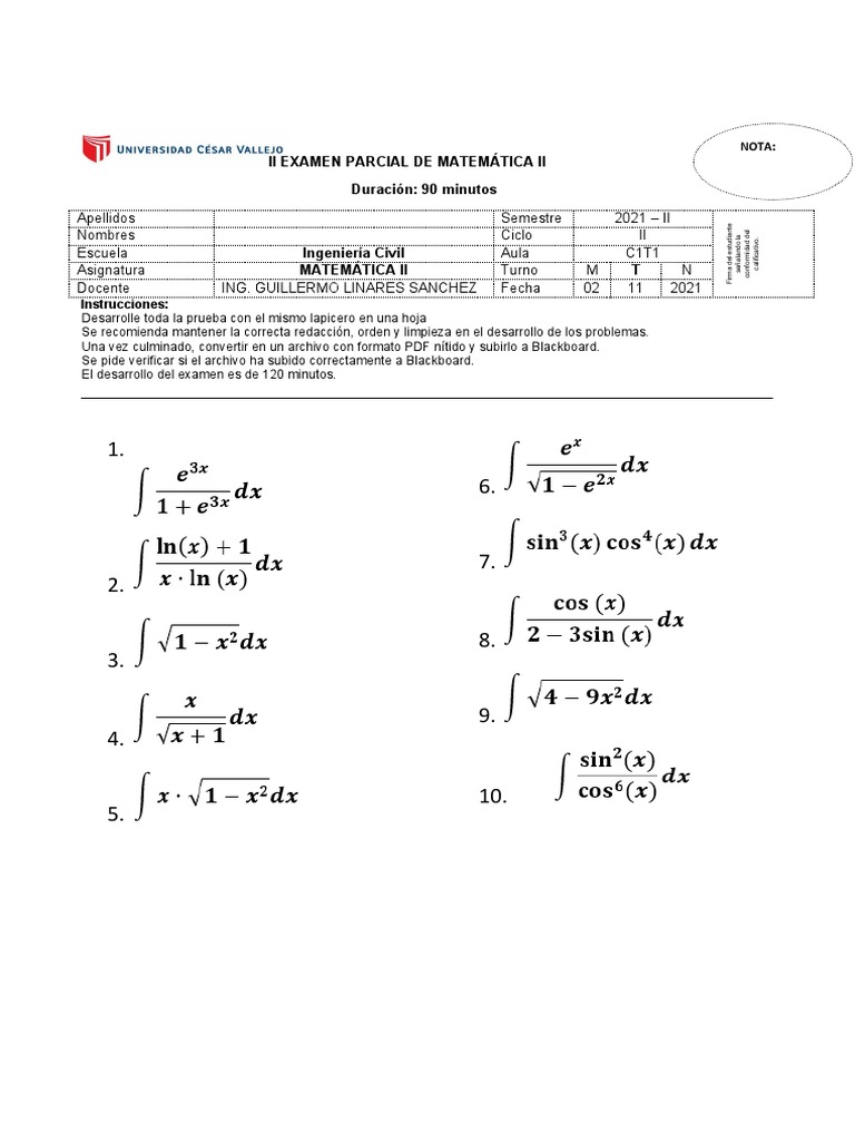 II Examen Parcial de Matemática Ii - Solucionario | PDF | Integral ...