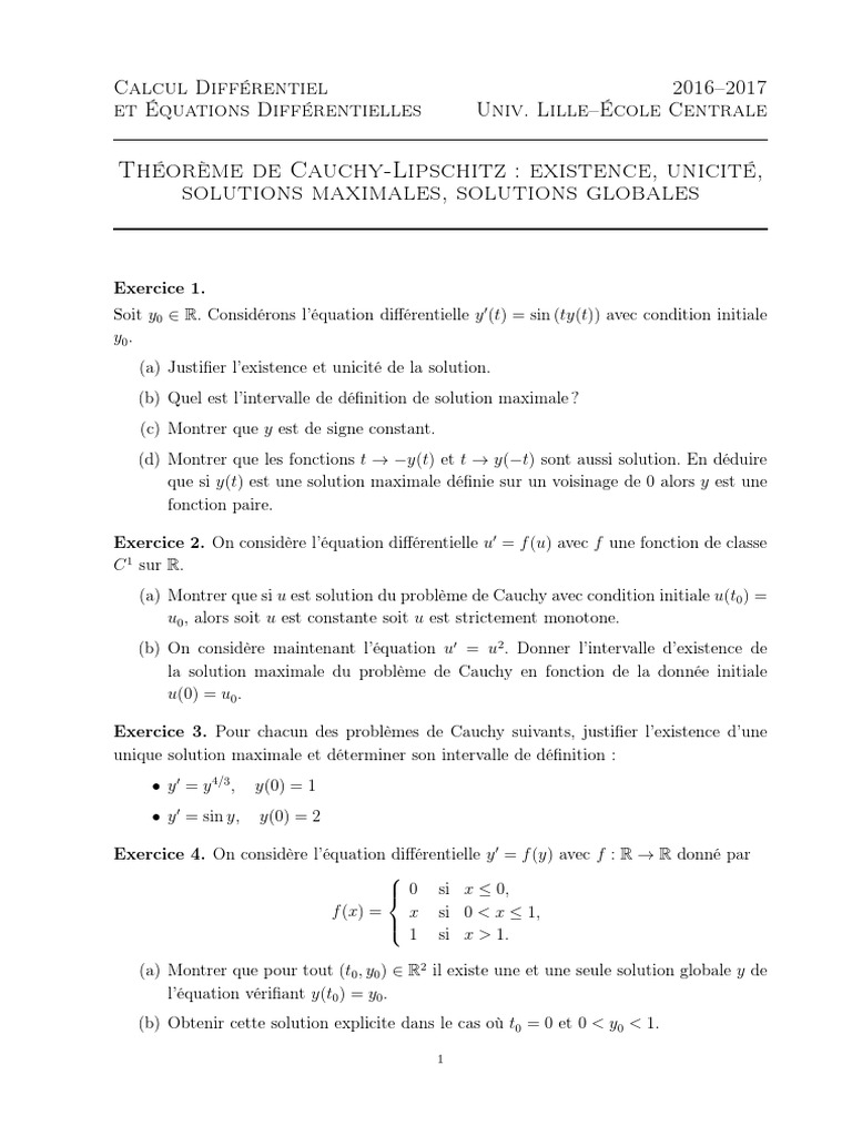 TD3 Cauchy Lipschitz | PDF | Équations | Analyse mathématique