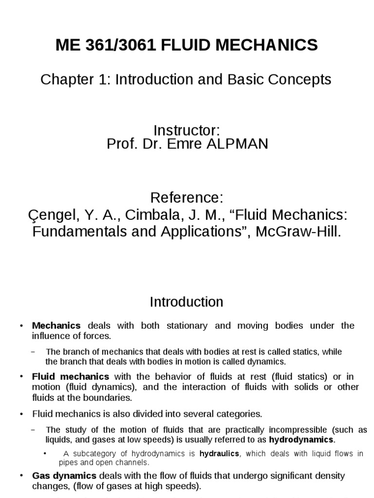 Me 361/3061 Fluid Mechanics: Chapter 1: Introduction and Basic Concepts | PDF | Fluid Dynamics ...