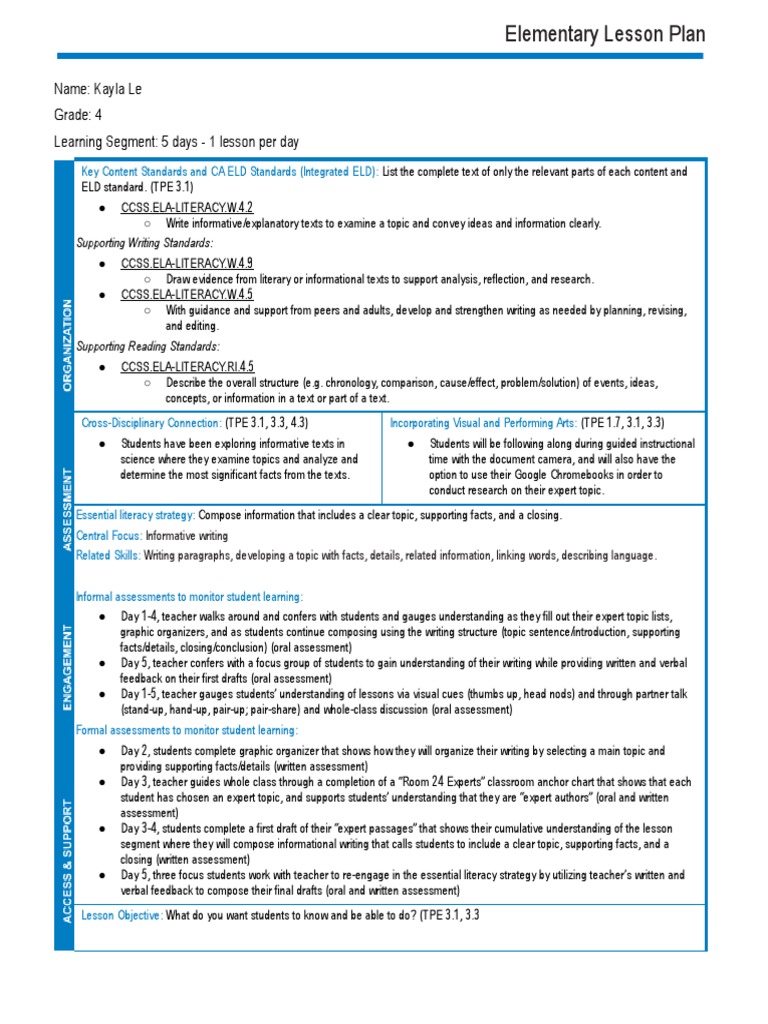 Kayla Le - Edtpa Learning Segment Lesson Plan | Download Free PDF ...