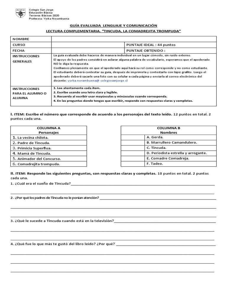 3° Básico Lenguaje Libro Tincuda La Comadrejita Trompuda | PDF