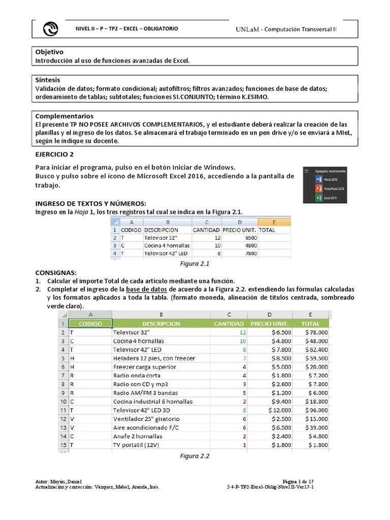 2 4 P TP2 Excel Oblig Nivel II Ver17 1 | PDF | Microsoft Excel | Bases de datos