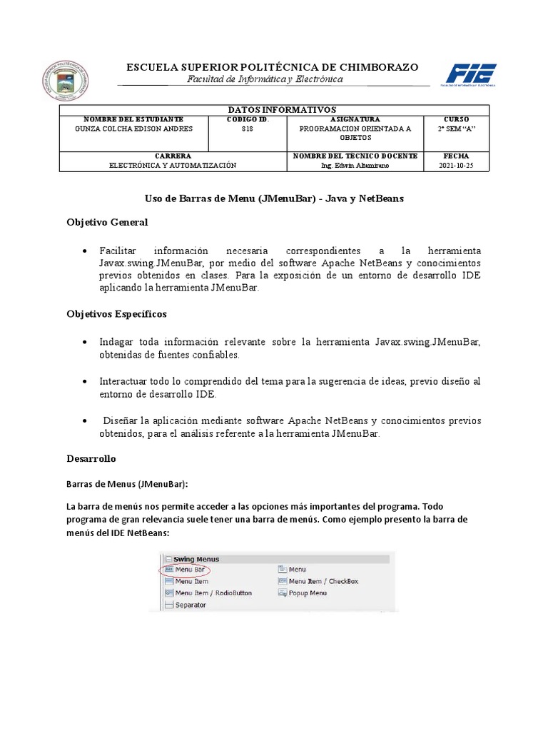 Uso De Barras De Menu Jmenubar Java Y Netbeans Pdf Entorno De