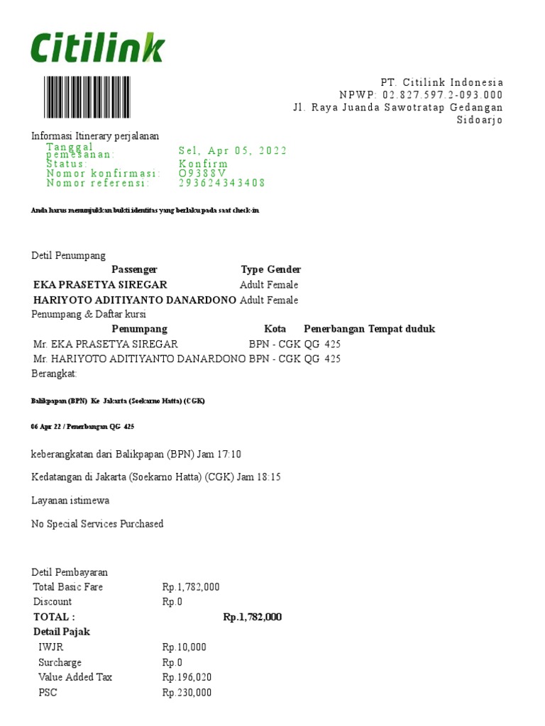 Ticket Citilink 2 Pax, Balikpapan - CGK, 6 April 2022 | PDF