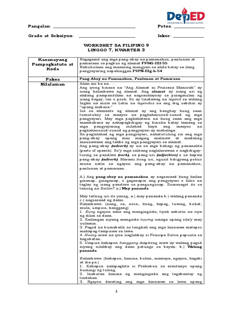 Worksheet Fil 9 Q3 Week 7 | PDF