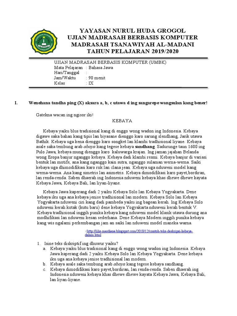 Soal Umbk Bahasa Jawa Al-Madani | PDF