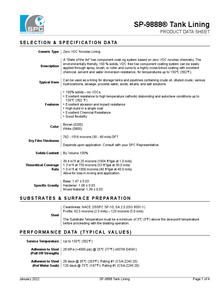 SP-9888® Tank Lining: Selection & Specification Data | PDF | Epoxy ...