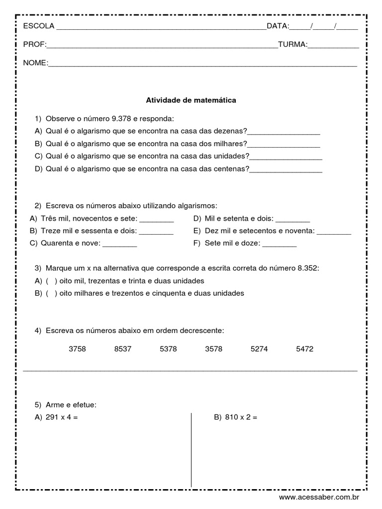 Atividade de Matematica Casas Decimais Ordem Decrescente e Calculo 4º ...