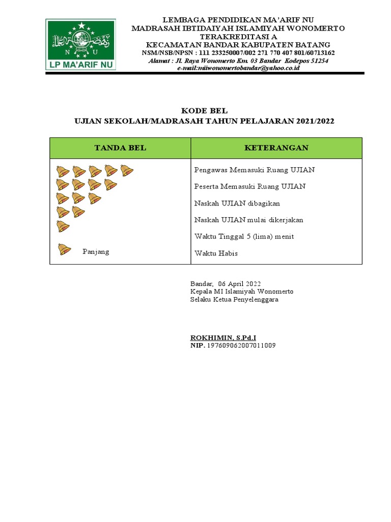 Kode Bel Ujian Sekolah/Madrasah Tahun Pelajaran 2021/2022 Tanda Bel ...