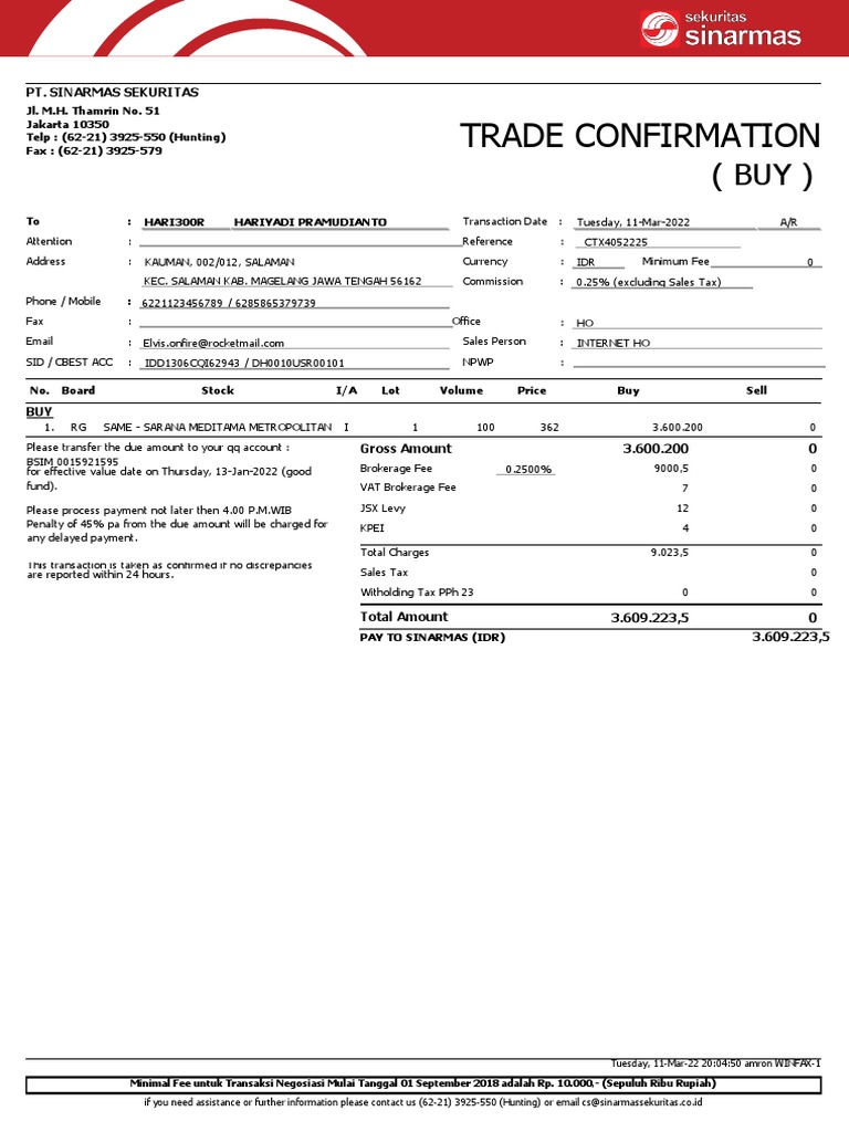 Trade Confirmation | PDF | Indonesian Rupiah | Services (Economics)