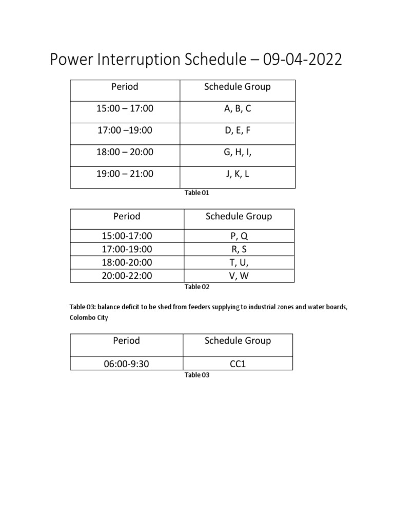 E 09-04-2022 Power Interruption Schedule Full | PDF | Sri Lanka