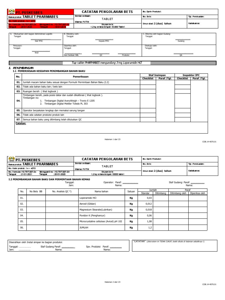 Catatan Pengolahan Bets Tablet Pharmabes | PDF