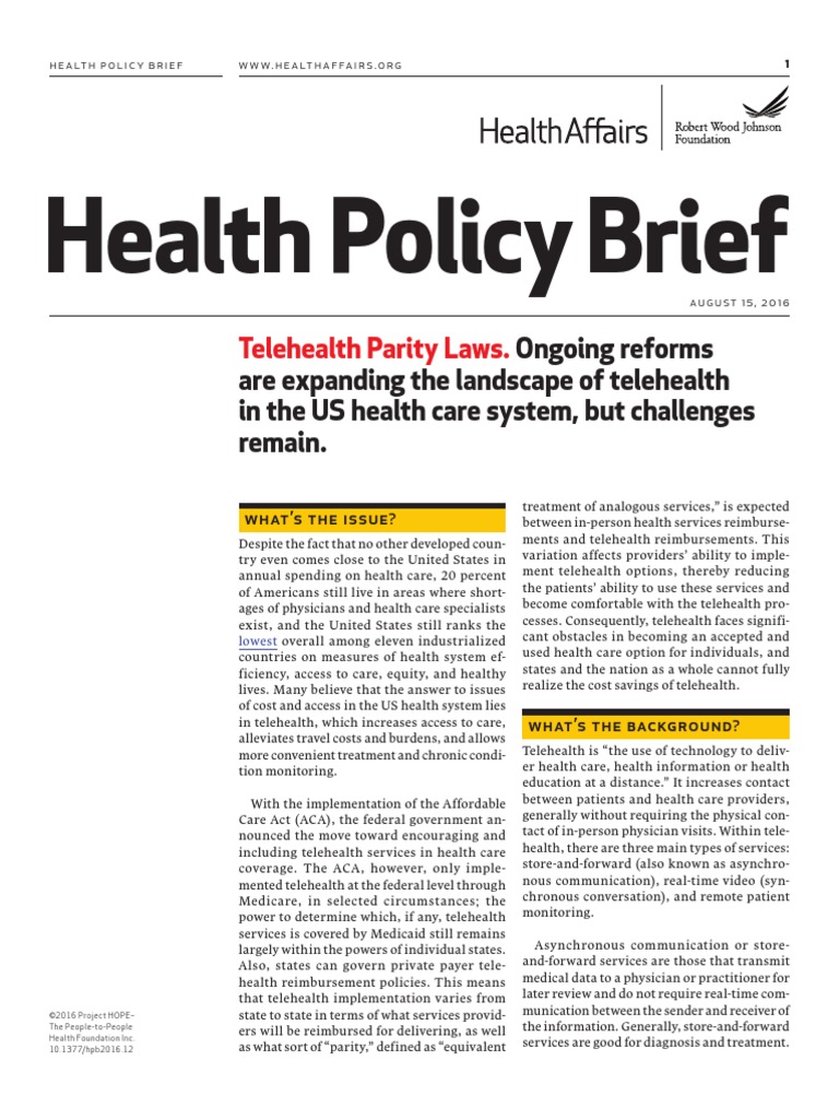 Health Policy Brief: Telehealth Parity Laws | PDF | Medicare (United ...