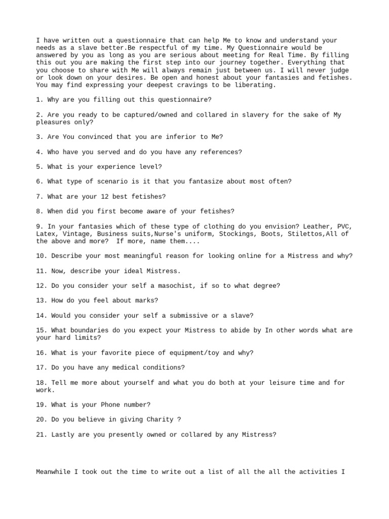 BDSM.... Questionaire 1 | PDF